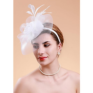 Cizoe Tea Party Fascinator Hats for Womens 50s Headwear with Veil Flower Cocktail Wedding Church Kentucky Derby Hat(02-white)
