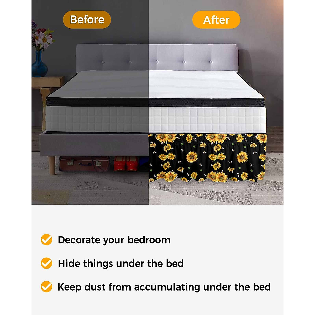 Sunflower Bee Bed Skirt King Size 16 Inch Drop, Adjustable & Elastic Wrap Around Bed Skirts Pleated Luxury Dust Ruffles for Twin Full Queen Cal King Base Bed, Rustic Spring Floral Flowers Black