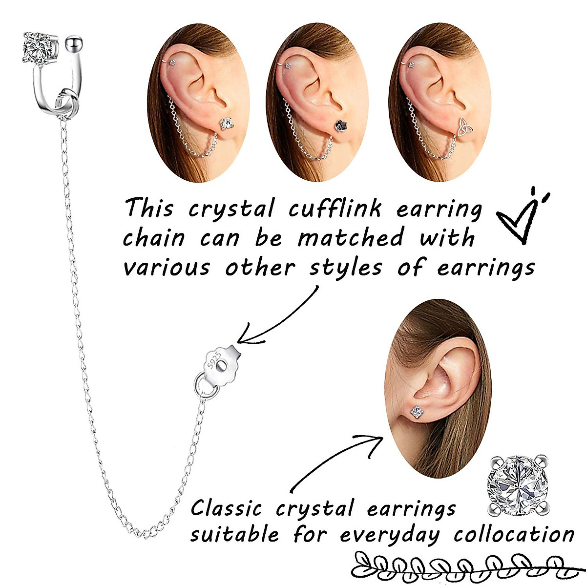 Cubic Zirconia Earrings - Crystal Ear Cuff Earrings Chain Sterling Silver Hypoallergenic Cubic Zirconia Earrings Rhinestones Drop Dangle Earrings 2 in 1 earrings Gifts for Women