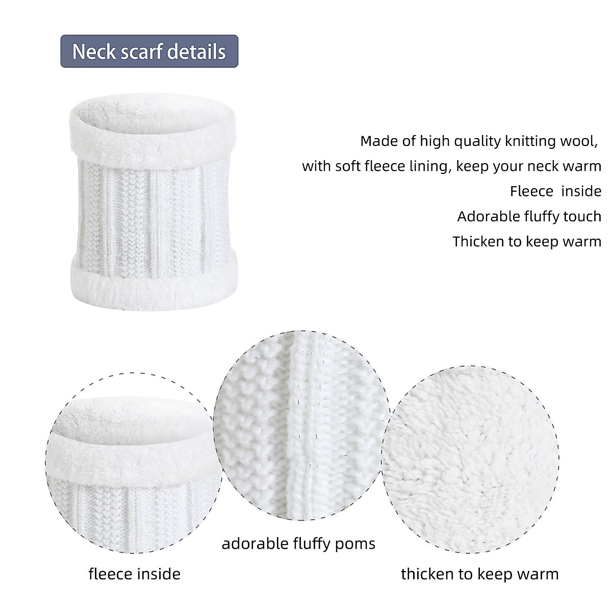 Pom Beanie Hat Scarf Gloves Set 3 in 1 Warm Thick Lining Slouchy Beanie Hats Scarf Touch Screen Gloves for Womens Girls (White)