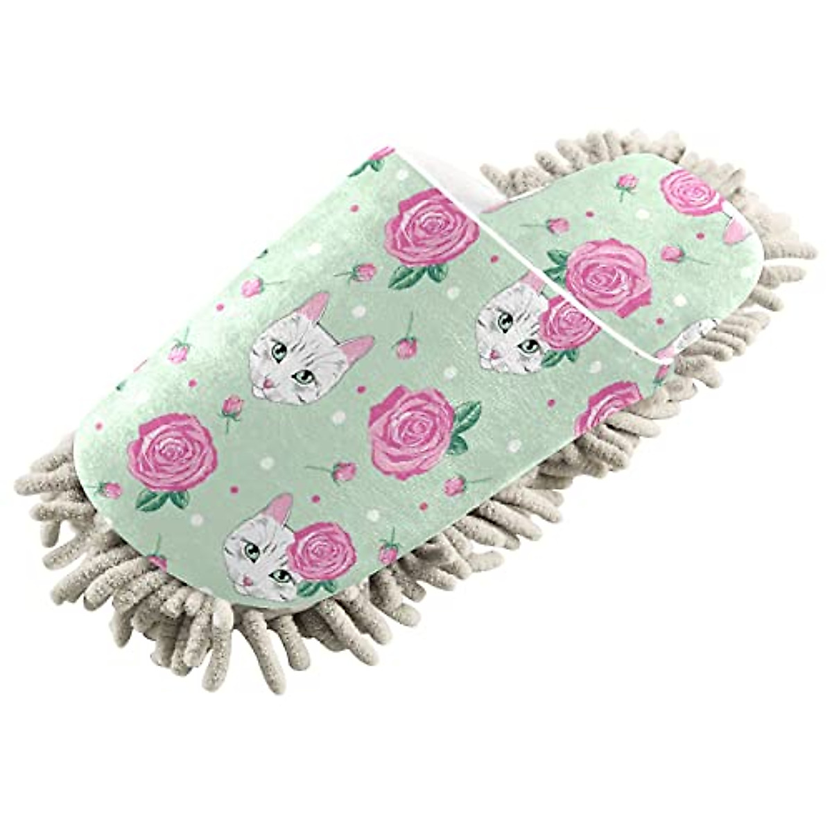 Cat Flowers Roses Mop Slippers Shoes Cover for Floor Cleaning Washable Dirty Hair Dust Cleaners Microfiber Mop Socks for Kitchen House Office