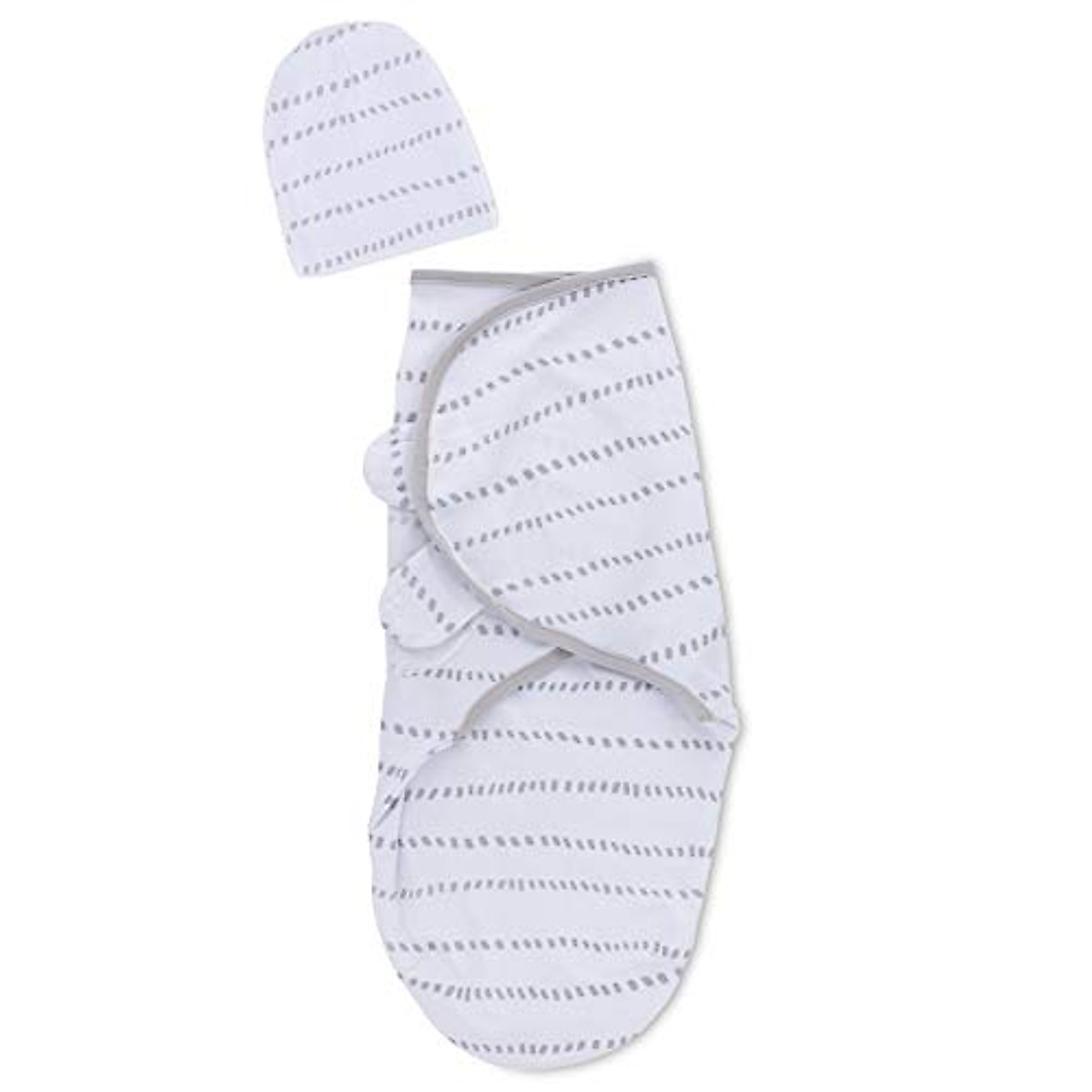 Petit Dreams Adjustable Swaddle and Beanie Set Jersey Knit Cotton for Baby Boy Or Baby Girl from 0-3 Months, Grey Dotted Stripes