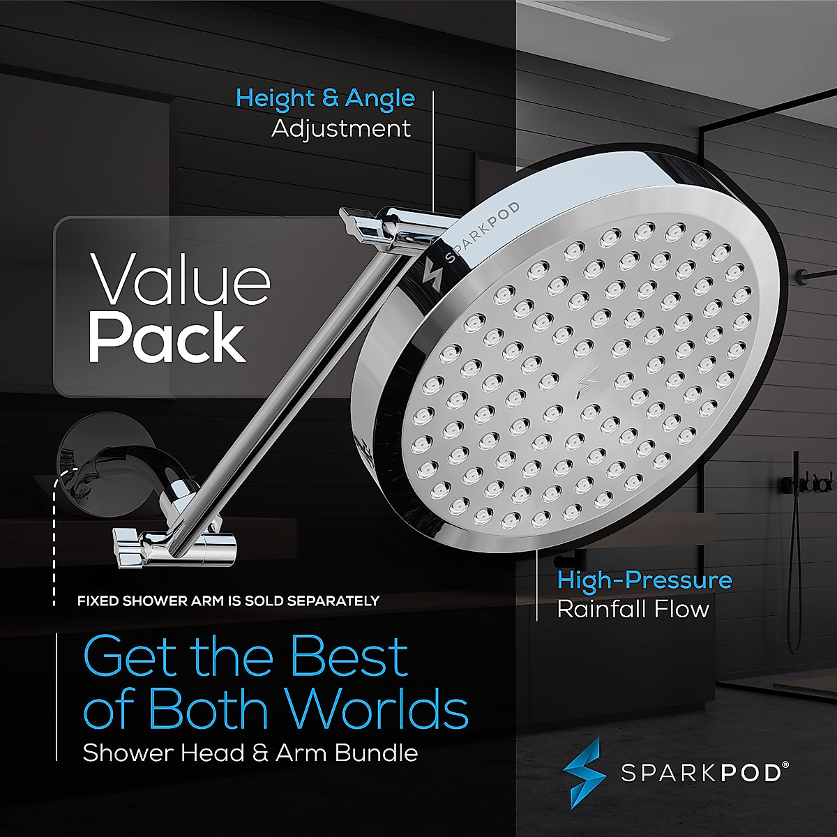 SparkPod Round Rain Shower Head with Shower Head Extension Arm - High Pressure Rain - Luxury Modern Look - No Hassle Tool-less 1-Min Installation (11" Shower Arm Extension, Luxury Polished Chrome)