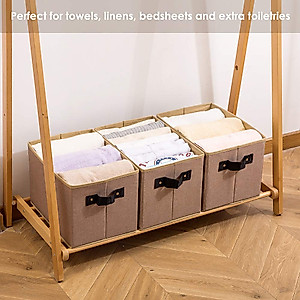 Qozary 3 Pack Storage Baskets for Shelves, No Smell Storage Bins for Closet Shelves, Fabric Cube Boxes with Handles for Organizing Home Closet, Office, Toys (Brown, Large)