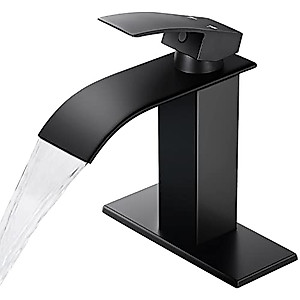 Qomolangma Black Waterfall Spout Bathroom Faucet, Single Handle Bathroom Vanity Sink Faucets, Rv Lavatory Vessel Faucet Suitable for 1 or 3 Holes with 6 Inch Deck Plate & Hose Matte Black