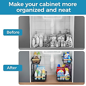 Under Sink Storage Organizer, 2 Tier Pull Out Sliding Under Sink Organizers and Storage Shelf Drawers for Bathroom Kitchen, 2 Pack Metal Adjustable Kitchen Bathroom Under Cabinet Organizer Storage.