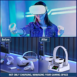 VR Charging Dock Compatible for Meta/Oculus Quest 2 - Charging Station Supports LED Indicator/Simultaneously Magnetic Charging Headset and Touch Controller, with 2x1800mAH Rechargeable Batteries