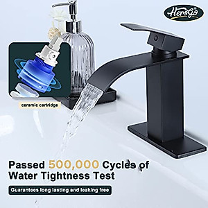 Herogo Black Bathroom Faucet with Bathroom Sink Drain, Single Handle Waterfall Bathroom Sink Faucet for 1 Hole or 3 Holes, Stainless Steel Matte Black Vanity RV Lavatory Faucet with Water Supply Hoses