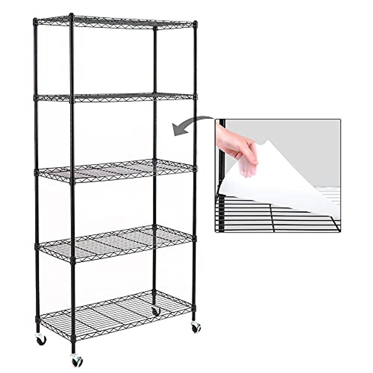 EZPEAKS 5-Shelf Shelving Units and Storage on Wheels with Shelf Liners Set of 5, NSF Certified, Adjustable Carbon Steel Wire Shelving Unit Rack for Garage, Kitchen, Office(63H X 30W X 14D)
