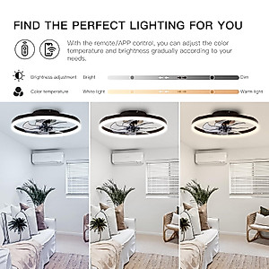 STERREN 20'' Modern Low Profile Ceiling Fan with Light, Bedroom LED Ceiling Fan with Remote Control, Bladeless Flush Mount Black Fan Lights Ceiling Fixtures for Living Room,Small Room