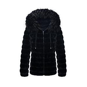 Bellivera Women Double Sided Faux Fur Jacket with Fur Collar, The Puffer Coat Worn on Both Sides 19225 Black XXL