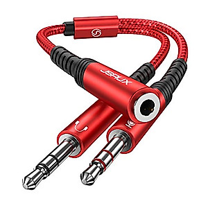 JSAUX Headset Splitter Cable for PC, 3.5mm Headphone Splitter Mic and Audio Y Splitter Jack, Female to 2 Male Adapter for Game-Red