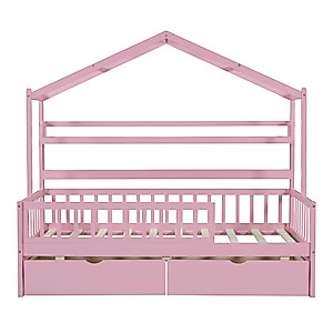 Merax Twin Bed Frames with 2 Drawers Storage Shelf Guardrail, Wooden House Shaped Platform Bed for Kids, No Box Spring Needed