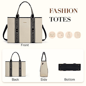Missnine Tote Bag Canvas Laptop Bag 15.6 inch Briefcase for Women Large Capacity Handbag for Office, College, Travel (Beige+black)