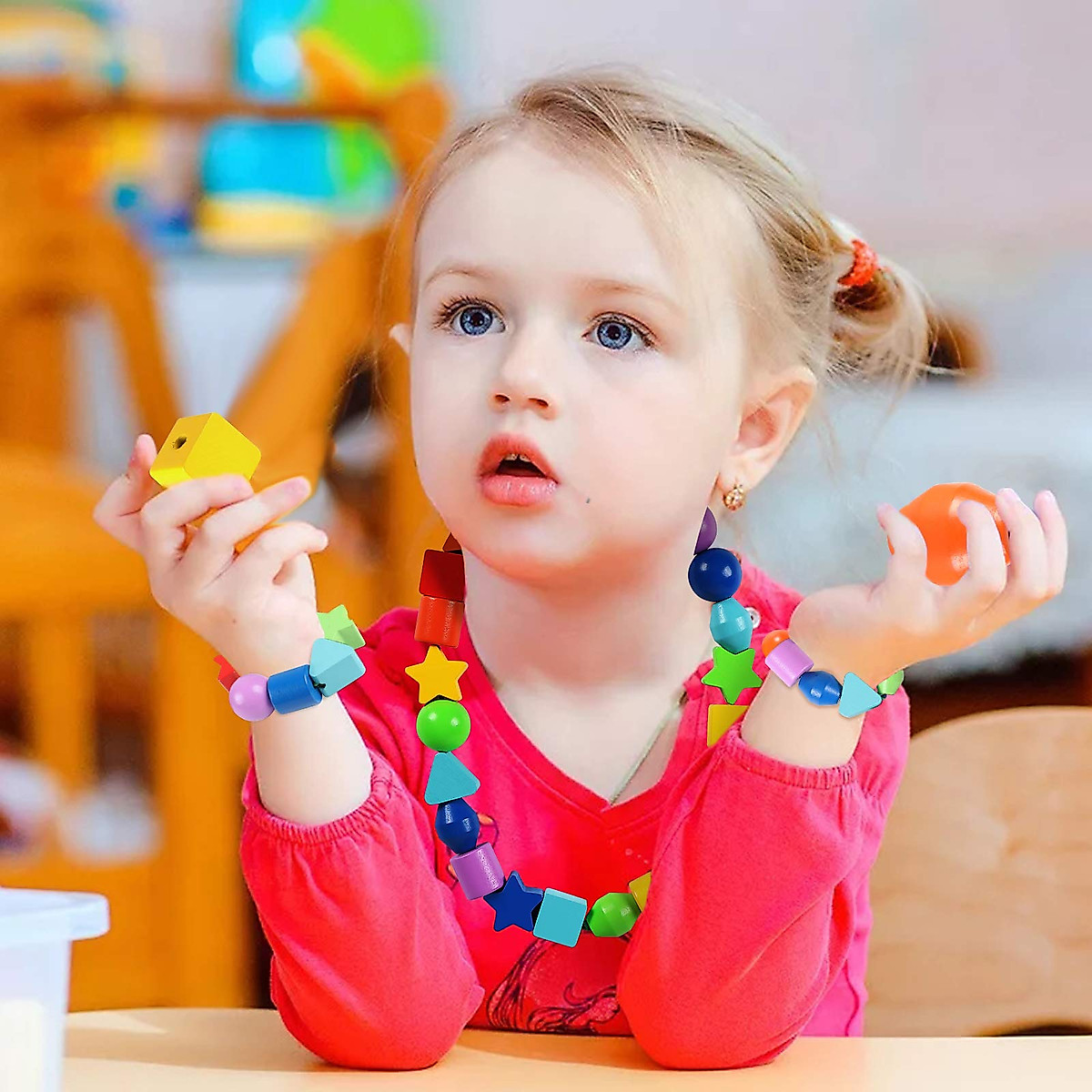 Atoylink 42PCS Lacing Beads Montessori Toys for Toddlers Wooden Primary String Threading Beads Rainbow Lacing Toy Preschool Fine Motor Skills Educational Toy for 3 4 5 6 7 8 Years Old Kids Boys Girls