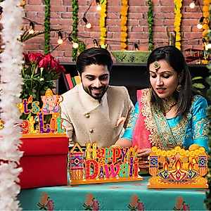 4PCS Diwali Decoration Wood Table Centerpiece for home Happy Diwali Let's Get Lit Warm Wishes Light Candle Henna Pattern Wooden Decor Happy Diwali Party Favors for Diwali Home Desktop Decorations