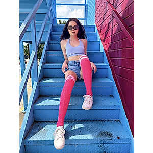 ANNTXL Woman's Rhinestone Over Knee High Socks Stripe Knit Cotton Stockings Leg Warmers for Christmas Valentines day Events (Pink White Stripe)