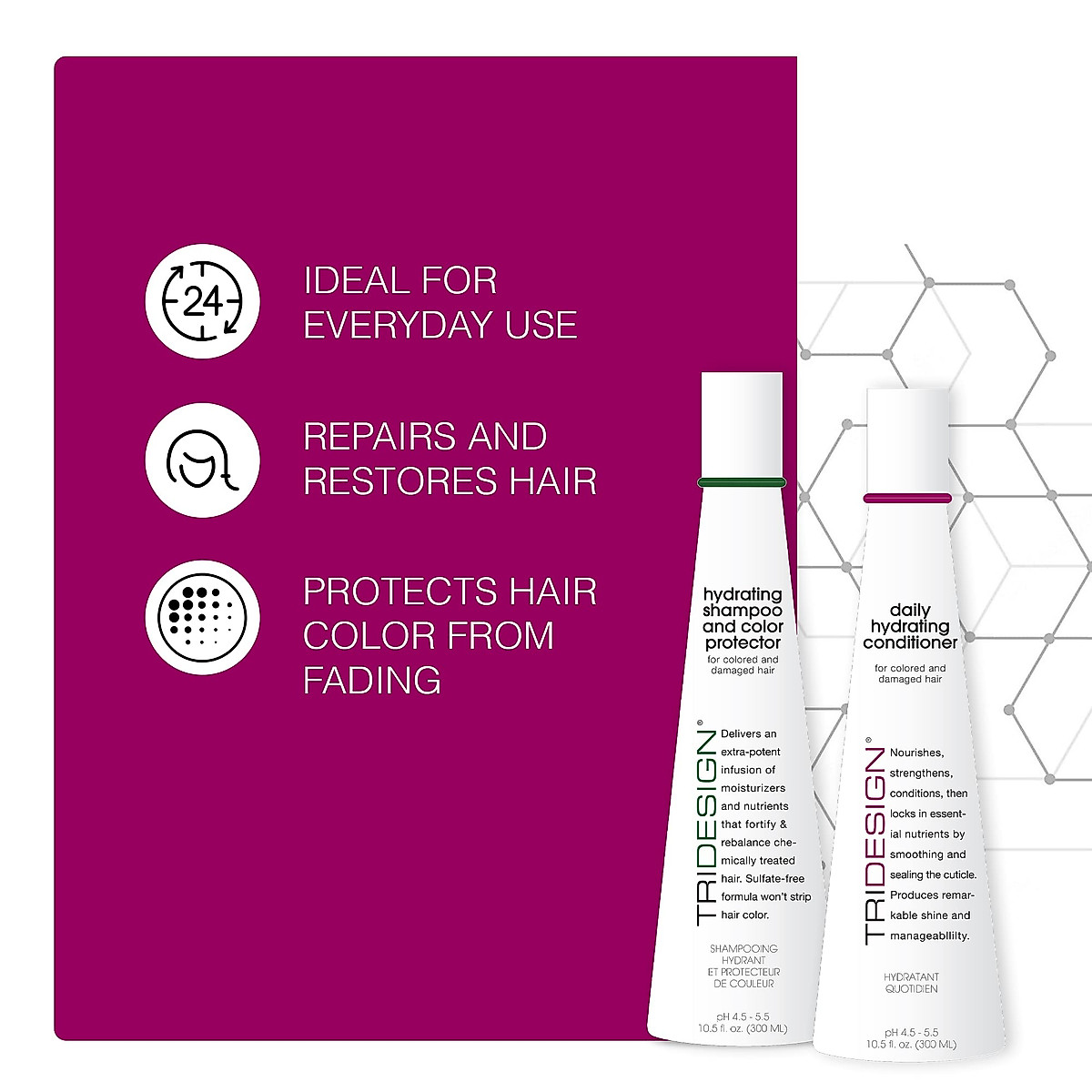 TRI Design Hydrating Shampoo & Conditioner Set - Sulfate Free Shampoo & Conditioner for Dry & Damaged Hair - Protect, Repair, and Moisturize Curly, Straight, Wavy, and Color-Treated Hair - 10.5 Ounce