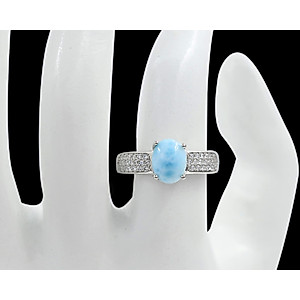 March Birthstone 9X7 MM Oval Natural Blue Larimar Cabochon Gemstone 925 Sterling Silver Solitaire Unisex Proposal Ring For Love and Friendship Gift (Rhodium Plated Silver, 7)