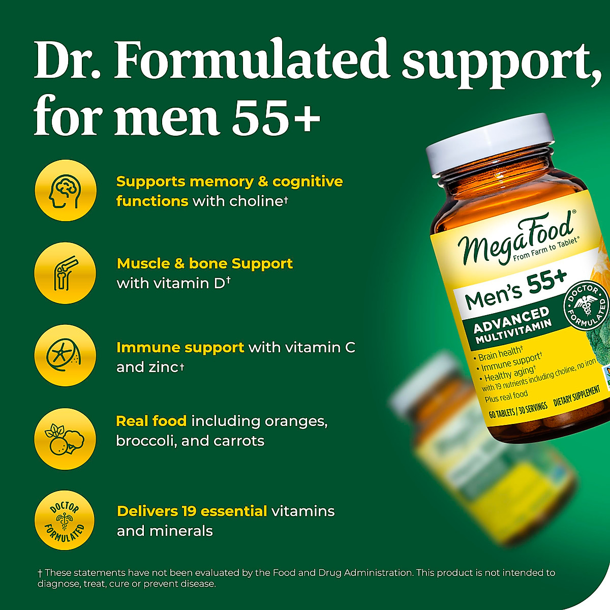 MegaFood Men's 55+ Advanced Multivitamin for Men - Doctor-Formulated -Choline, Vitamin D, Vitamin B12 – Plus Real Food – Brain Health Supplement for Adults & Immune Support - 60 Tabs (30 Servings)