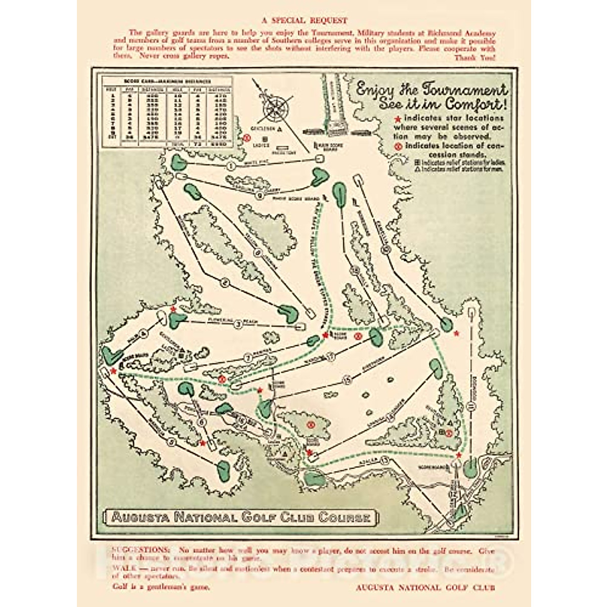 Historic Map - Augusta National Golf Club Course, 1954 - Unframed Vintage Wall Art 18in x 24in