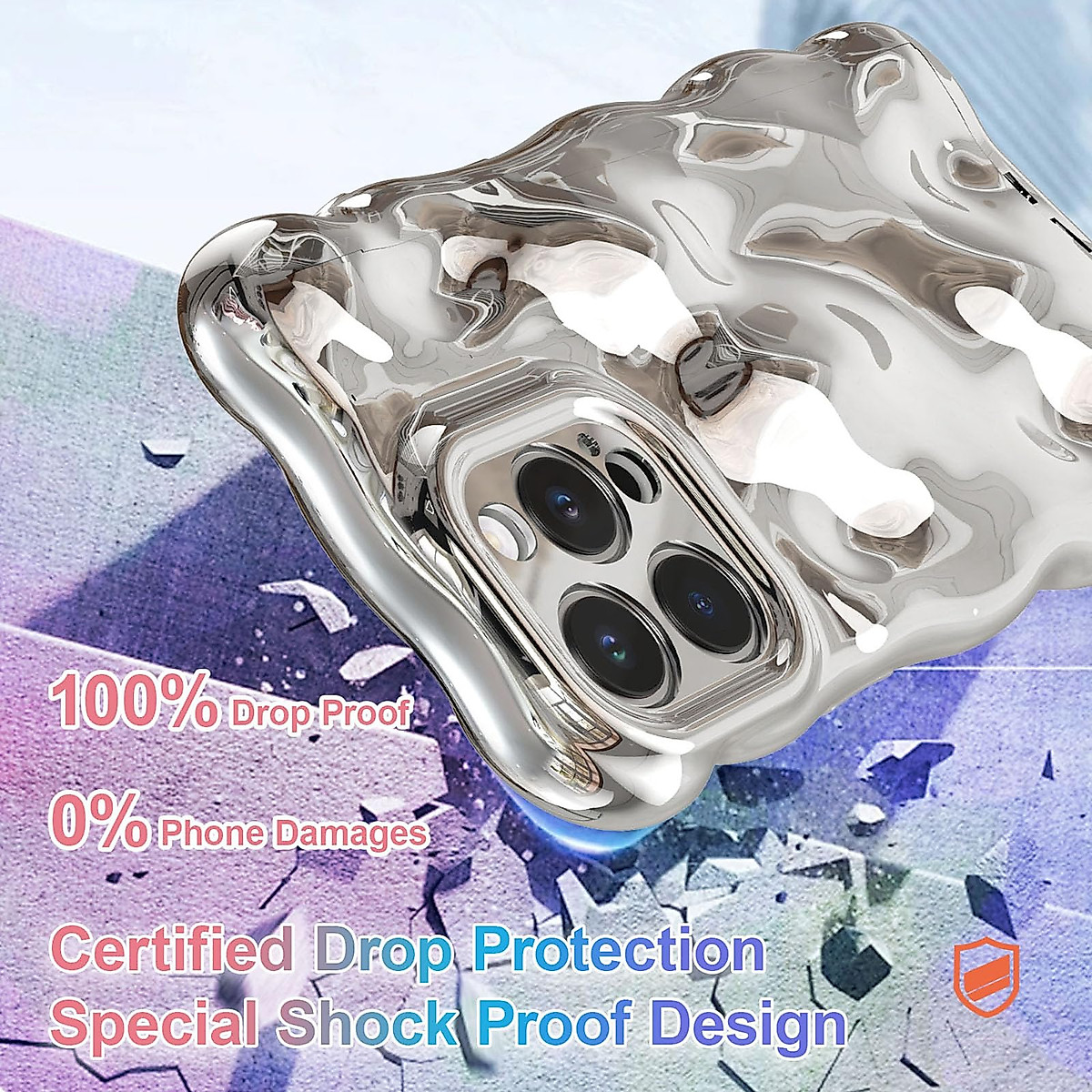 UEEBAI Ripple Case for iPhone 14 Pro Max, Cute Silver Cover Wave Shape for iPhone Case Pretty Aesthetic 3D Phone Cover, Water Ripple Shell 3D Chrome Design for Women and Girl, Silver