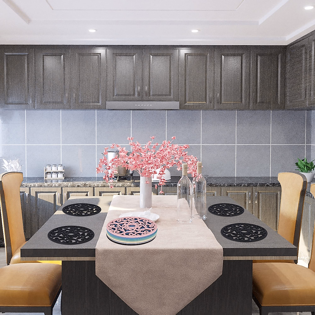 Smitchraft Silicone Trivets for Hot Dishes, Pots & Pans, Silicone Hot Pads for Kitchen Quartz Countertops, Silicone Pot Holders Mat, Multi-use Carved Heat Resistant Mat for Counter & Table, Set 3 Pink