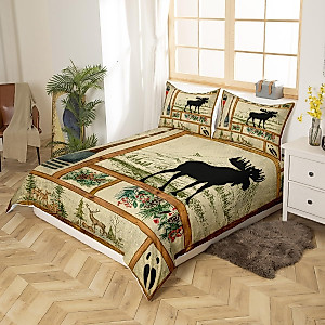 Retro Cabin Lodge Decor Duvet Cover King, Rustic Farmhouse Moose Comforter Cover, Lake House Decor Paddle Bedding Set, Woodland Pine Tree Bed Cover, Buffalo Plaid Bedspread Cover with 2 Pillowcases