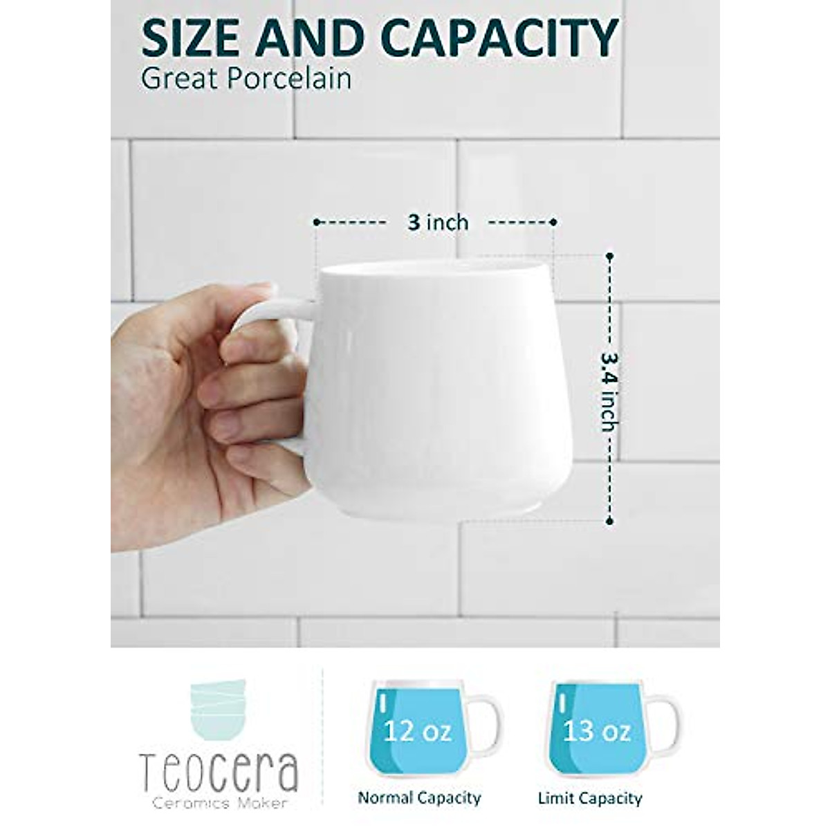 Porcelain Coffee Mugs Set of 4-12 Ounce Cups with Handle for Hot or Cold Drinks like Cocoa, Milk, Tea or Water - Smooth Ceramic with Modern Design, White