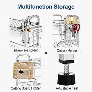 GSlife Stainless Steel Dish Drying Rack Rustproof 2 Tier Dish Rack for Kitchen Counter with 3 Drainboards, Tiered Dish Drainer with Utensils Holder,Cutting Board Holder, Silver