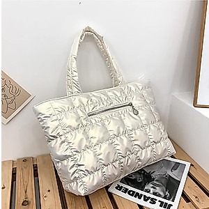 Qvenou Large Puffer Tote Bag for Women Lightweight Quilted Handbag Down Cotton Padded Shoulder Bag Large Capacity Down Padding Tote Bag-Off-white