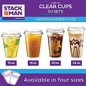 24 oz Clear Plastic Cups with Strawless Sip-Lids [50 Sets] PET Crystal Clear Disposable 16oz Plastic Cups with Lids - Crystal Clear, Durable Cup - BPA Free + Crack Resistant, for Coffee, Juice, Shakes