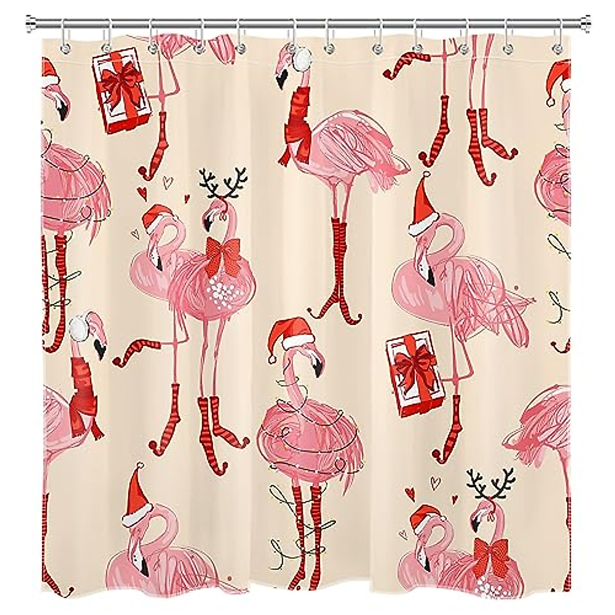 HVEST Christmas Flamingo Shower Curtain, Pink Flamingo with Xmas Hat and Stocking on Beige Background Shower Curtain for Bathroom, Animal Polyester Fabric Shower Curtain with Hooks, 72W x 72L Inches