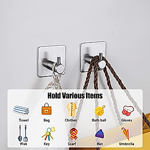 Glattever Adhesive Towel Hooks Stainless Steel Heavy Duty Towel Rack Removable Vacuum Suction Cup Wall Hooks Waterproof Clothes Towel Hook for Bathrooms Kitchen Hotel Office (Brushed Nickel, 4 Pack )