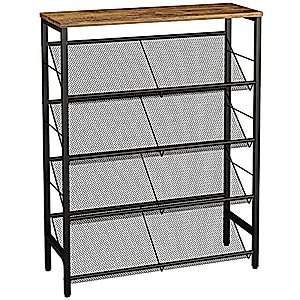 LIDYUK Shoe Rack, 5-Tier Shoe Organizer with 4 Slanted Metal Mesh Storage Shelves and Wood Top, Free Standing Shoe Rack for Entryway, Hallway, for 20-24 Pairs of Shoe Storage, Rustic Brown