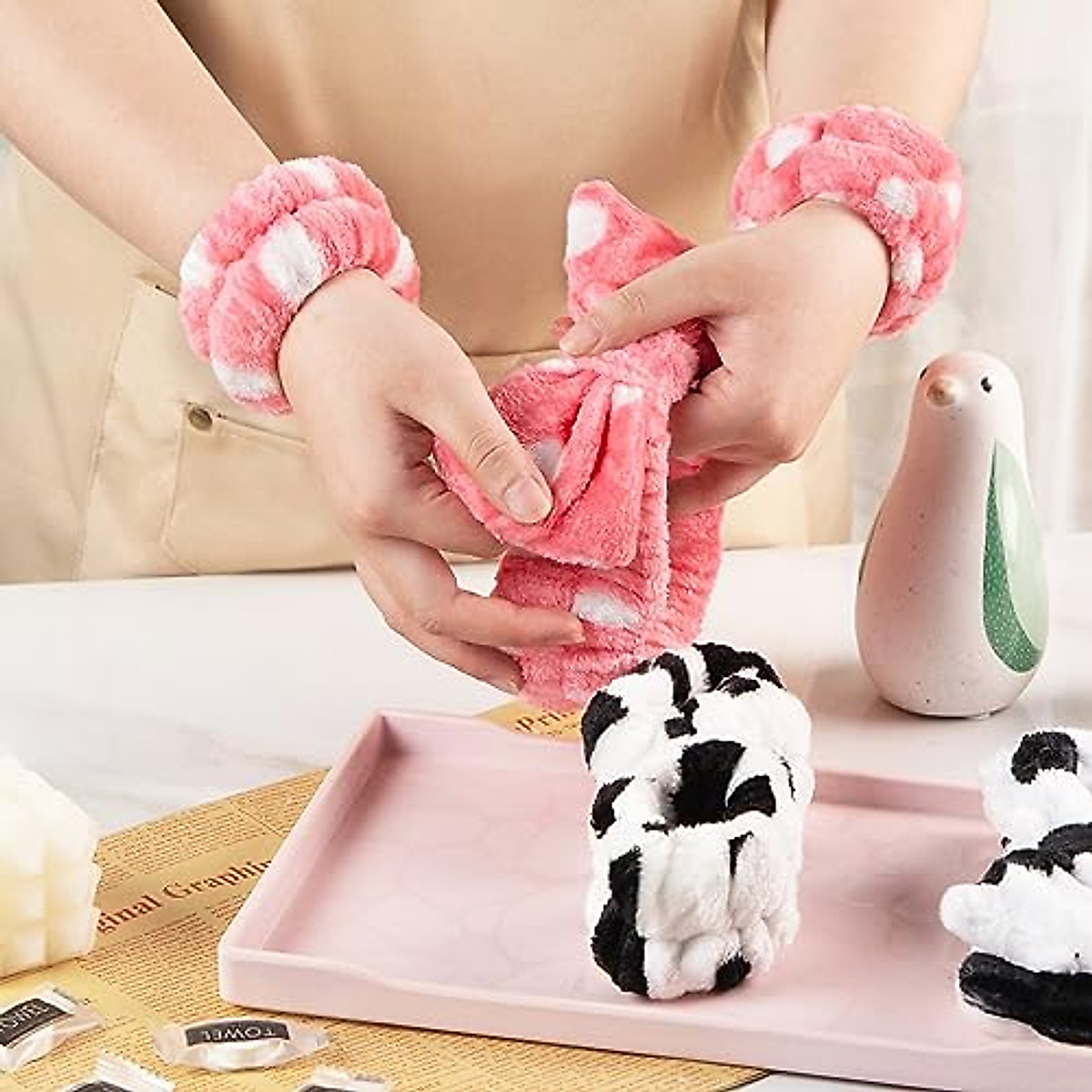 Shindel 6PCS Makeup Headband Set, Bow Hair Bands with Wristbands Coral Fleece Face Wash Headbands for Women Spa Makeup Shower Skin Care Yoga