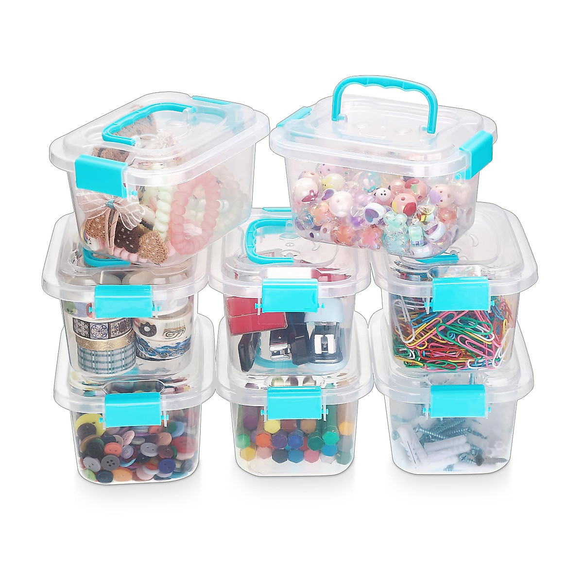 BTSKY 8 Pack Small Clear Plastic Storage Containers-4.5x3.3x2.7 Inch, Portable Mini Storage Box with Lid & Handle Multipurpose Craft Storage Containers for Crayons, Toys, Hair Ties, Beads,etc