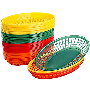 Kingrol 48 Pack Oval Fast Food Baskets for Parties, Carnivals, Fairs, and Picnic - Colorful Plastic Storage Basket Bins for Home, Office, School