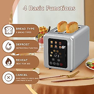 WHALL Touch Screen Toaster 2 Slice, Stainless Steel Digital Timer Toaster with Sound Function, Smart Extra Wide Slots Toaster with Bagel, Cancel, Defrost, 6 Bread Types & 6 Shade Settings