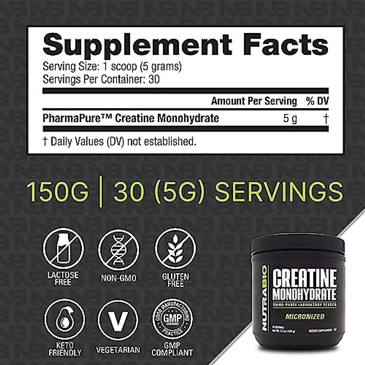 NutraBio Creatine Monohydrate - Micronized and Pure Grade - Supports Muscle Energy and Strength - (150 Grams) - Unflavored, HPLC Tested (150g)
