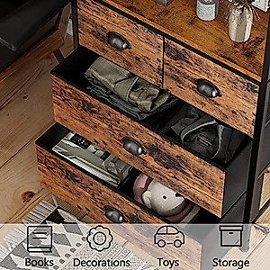 Furologee Vertical 4 Drawer Dresser Organizer with 3-Tiers Wood Shelf,Tall Fabric Storage Tower Unit, Sturdy Metal Frame Furniture,Removable Brown Fabric Bins for Bedroom,entryway,Office