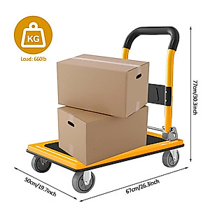 Gromay Push Cart Dolly 660lb Weight Capacity, Foldable Platform Truck,Yellow Moving Flatbed Cart with 4inch 360° Mute Wheels for Garage Garden Furniture Transport
