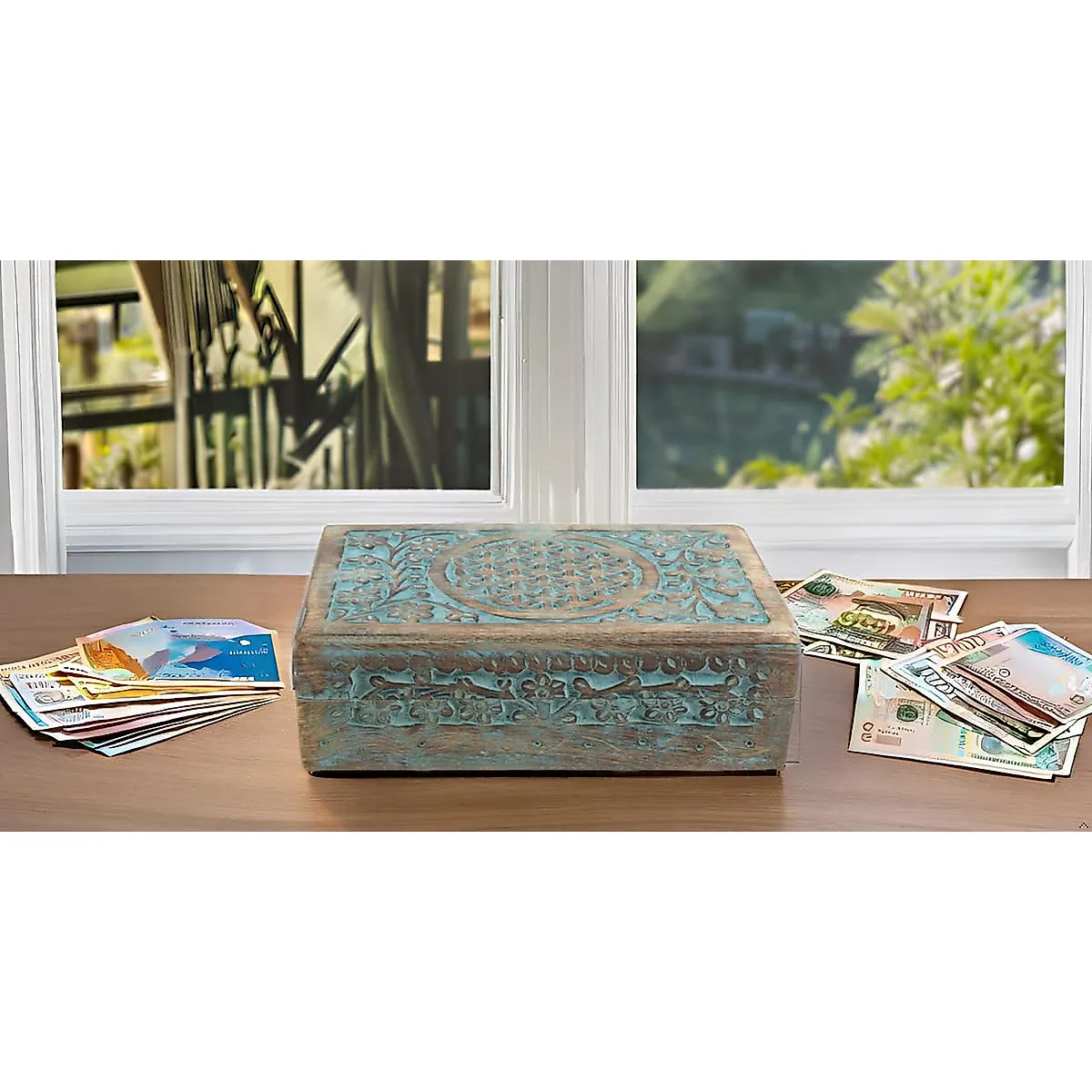 Great Birthday Gift Ideas Handmade Decorative Wooden Jewelry Box Jewelry Organizer Keepsake Box Treasure Chest Trinket Holder Watch Box Storage Lock Box Housewarming Gift Ideas Men Women (Blue)