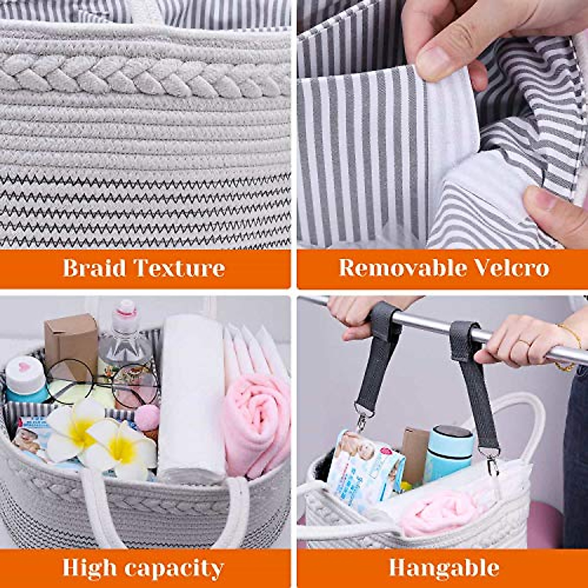 Shynek Rope Diaper Caddy Organizer Baby Diaper Caddy Basket Changing Table Diaper Nursery Basket with Removable Insert and Stroller Hooks Clips for Diaper Baby Shower Newborn Registry