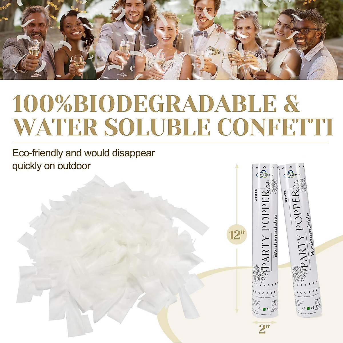 White Confetti Poppers,Rice Paper For Wedding,Biodegradable Confetti Cannon,6Pack Biodegradable Confetti Party Shooters Air Power, Party Party For Lawns Wedding,Birthday,Outdoor Celebrations