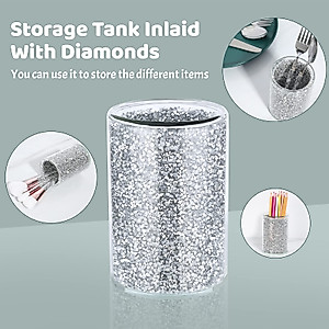 Crushed Diamond Silver Glass Kitchen Utensil Holder Round for Countertop Flatware Utensil Organizer Home Decor Sparkly Gift (Silver)