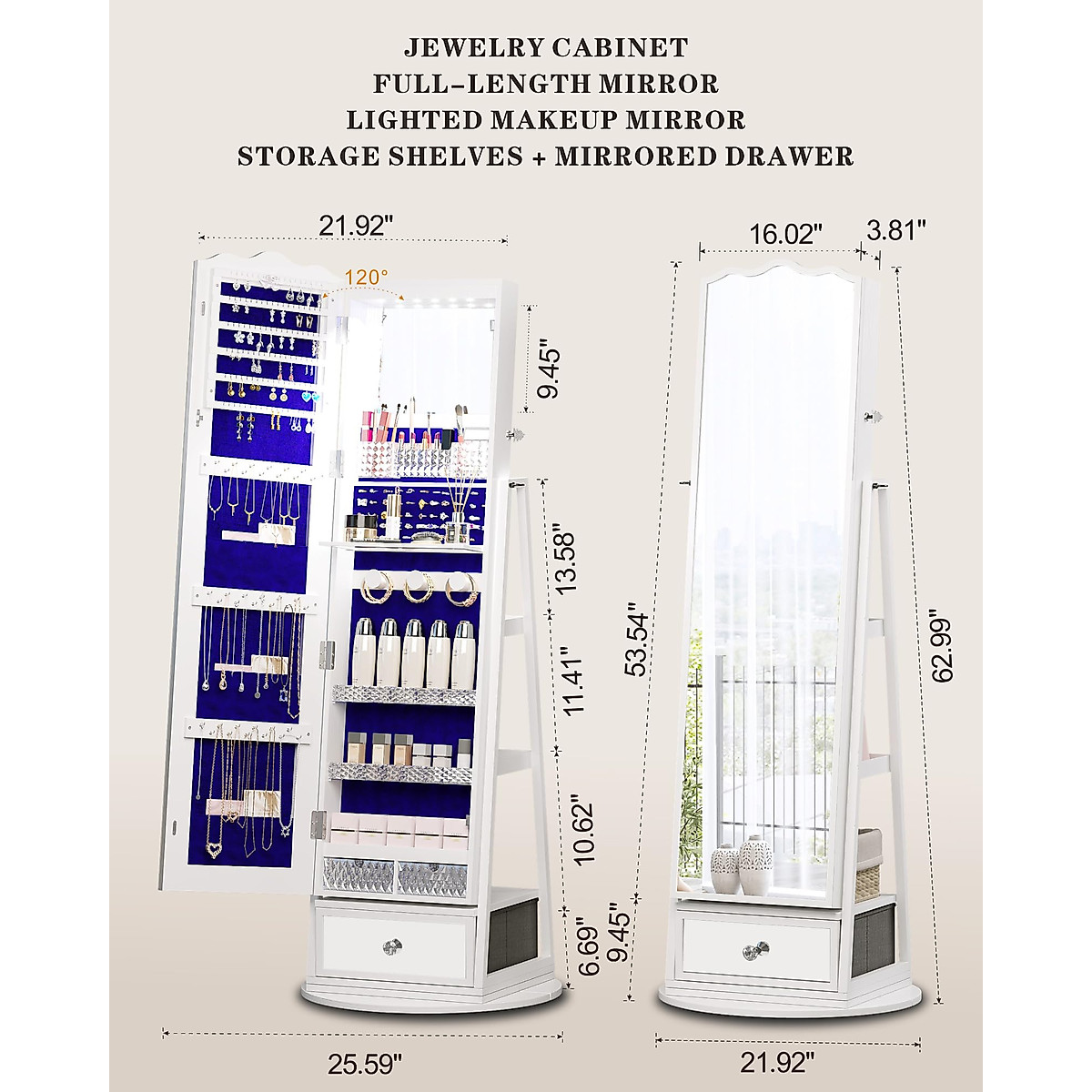 Full-Length Standing Mirror Jewelry Cabinet with Lights, Storage, and Rotating Shelf - White