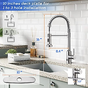ARRISEA Touchless Kitchen Faucet with Pull Down Sprayer, Infrared Motion Brushed Nickel Spring Sink Faucets with 10'' Deck Plate, Single Handle Stainless Steel Sink Faucet Suit to 3 Holes Countertop
