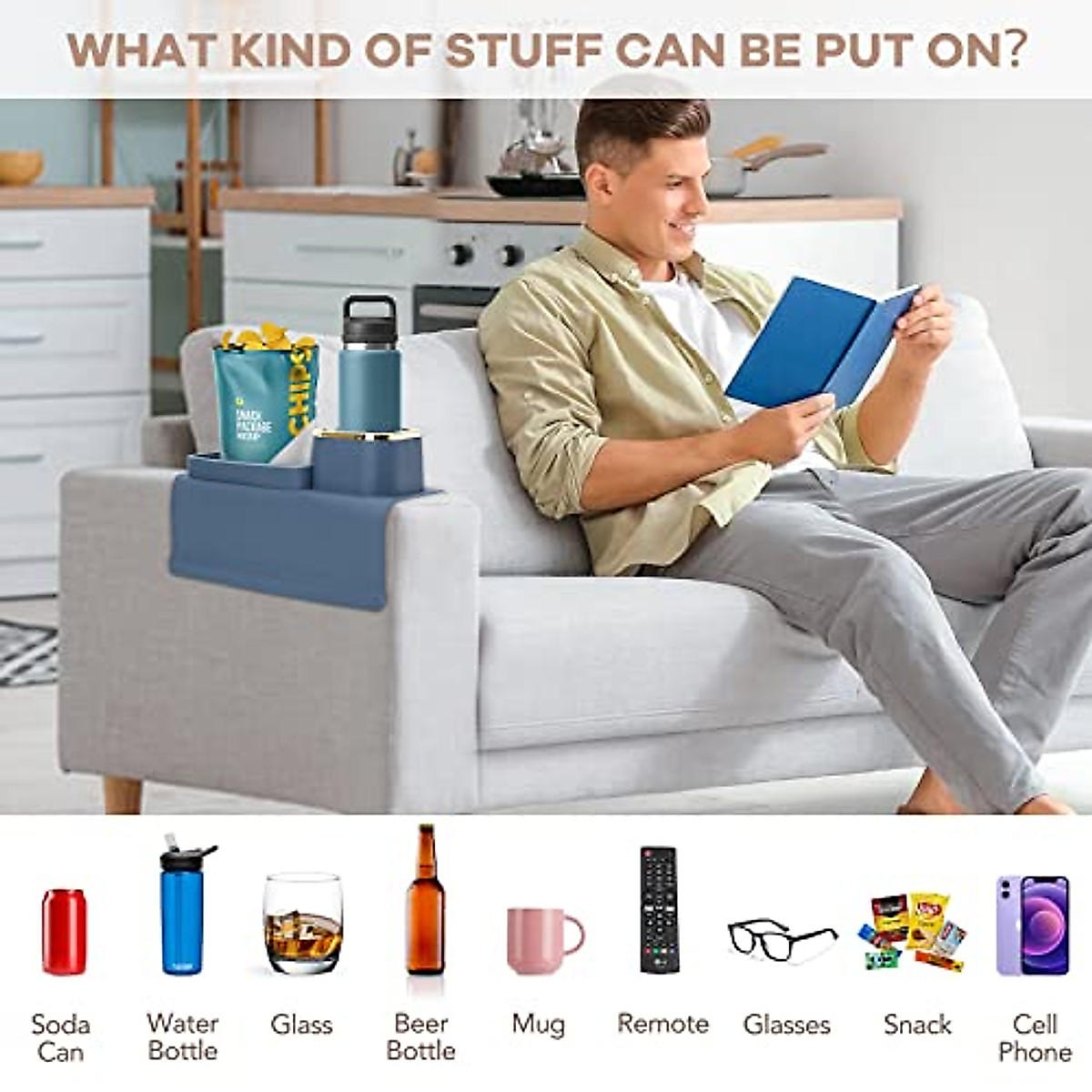 Couch Cup Holder, PhilaeEC Silicone Anti-Spill and Anti-Slip Sofa Drink Holder, Strong Sofa Armrest Tray, Portable Couch Drink Organizer Arm Table, Couch Accessories Suitable for Recliner Table (Blue)