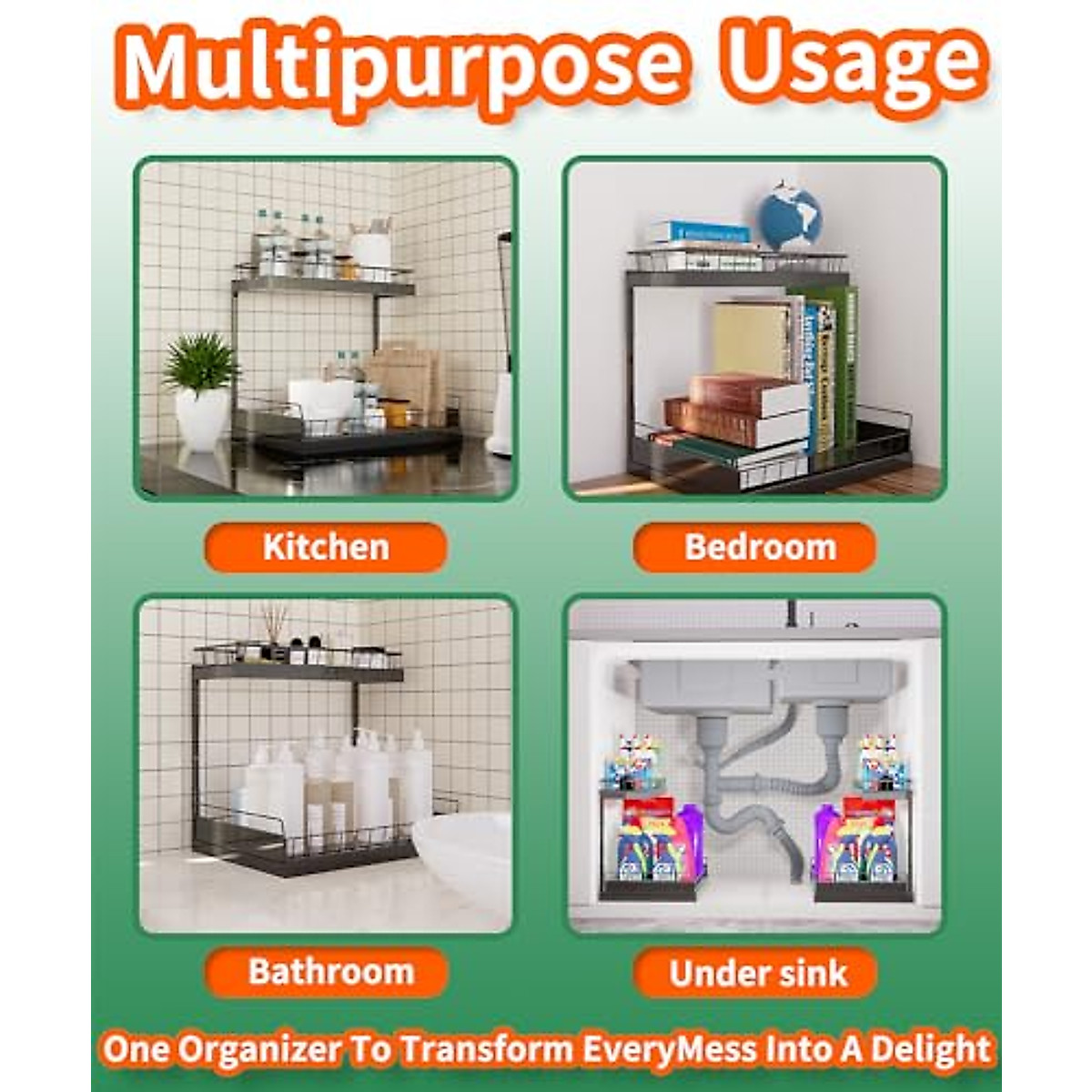 ZJSYMZY Under Sink Organizer,2 Tier Sliding Under Cabinet Storage,Heavy Load Carbon Steel Under Sink Storage for Kitchen Bathroom